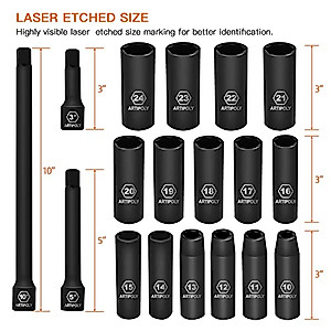 ARTIPOLY 20 Pieces 1/2" Drive Metric Deep Impact Socket Set,10mm-24mm no skip, Includes Extension Bars, Universal Joint and Adapter, 6 Point Design, Meets ANSI Standards