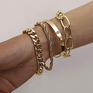 IFKM Gold Bracelets for Women, 14K Gold Plated Dainty Layered Chain Bracelets Adjustable Cute Bangle Link Bracelet Set (4 PCS Gold Plated)