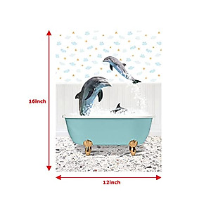 SHZCJL Funny Bathroom Wall Art,Dolphins in Bathtub Wall Art,Adorable Dolphin Bathroom Canvas Print Artwork,for Kids Bathroom Wall Decor(12'' x 16'')