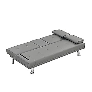 Modern Faux Leather Convertible Folding Futon Sofa Bed, Sofa Couch for Compact Living Space, Apartment, Dorm, Removable Armrests, 2 Cupholders (Gray)