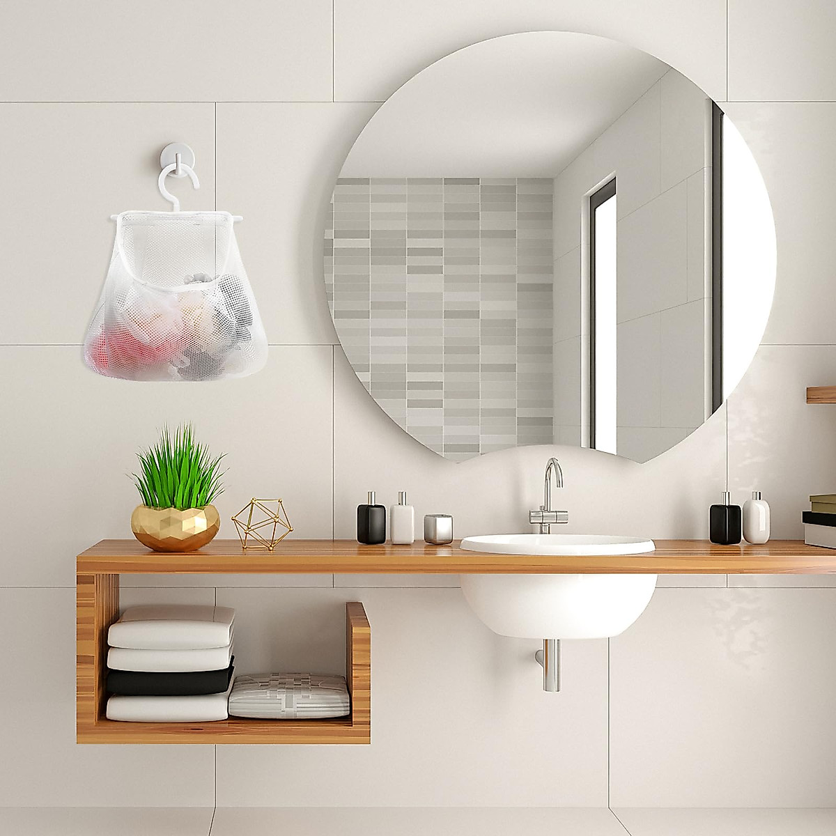 PartyKindom Hanging Mesh Clip Bag for Storage, Bathroom Laundry Bag, Multi-functional Mesh Clothespin Bag, Kitchen Storage Holder Bag, Fruit Vegetable Holder Pouch