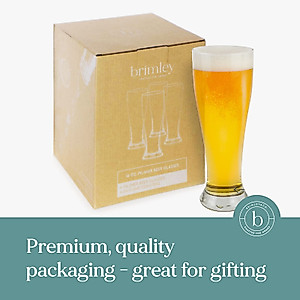 brimley 16oz Nucleated Pilsner Beer Glasses Set of 4 - Craft Beer Drinking Glasses Set for Pilsners & Other Lighter Beers - Dishwasher Safe/Freezer Safe Glass Pint Glasses - Beer Gifts