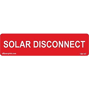 Photovoltaic Labels for PV Solar System_"Solar Disconnect" _4" x 1" _Pack of 20