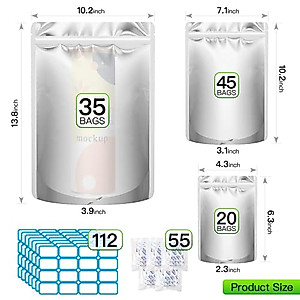 100PCS Mylar Bags with 400cc Oxygen Absorbers, 11.8 Mil Thicker Long Term Food Storage Bag, 1 Gallon 10x14 6x9 4x6 Stand-up Zipper Resealable Heat Sealable for Airtight Smell Proof Packaging
