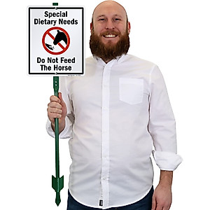 SmartSign 12 x 10 inch “Special Dietary Needs - Do Not Feed The Horse” LawnBoss Yard Sign with 3 foot Stake, 40 mil Laminated Rustproof Aluminum, Red, Black and White, Set of 1, Made in USA