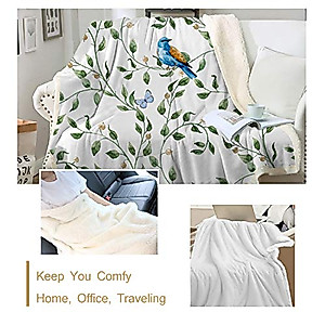 Sleepwish Watercolor Green Leaves Sherpa Fleece Blanket Butterflies Blue Birds and Tree Branch Soft Blanket Spring Pattern Super Warm Lightweight Bed Couch Blankets Throw(50"x60")