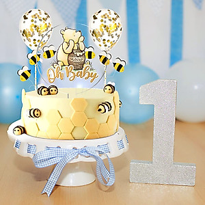 Winnie Cake Topper Oh Baby Acrylic Cake Topper with Cute Bees and Balloons Cake Decoration for Kids Birthday Baby Shower Party Supplies