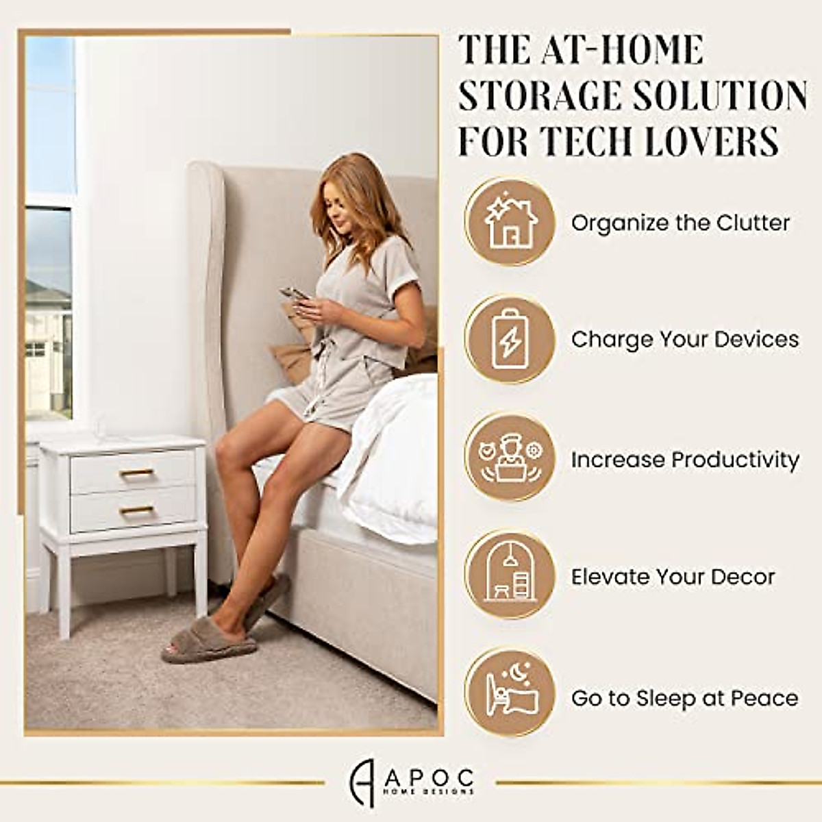 2 Drawer Side Table with Charging Station - Mid Century Modern Nightstand with Polished Gold Handles, 2 USB Ports & 2 Outlets - Multifunctional Smart Bedside Table for Your Home - 24" Tall (White)