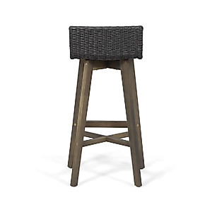 GDFStudio Outdoor Acacia Wood & Wicker Barstools (Set of 2), Gray