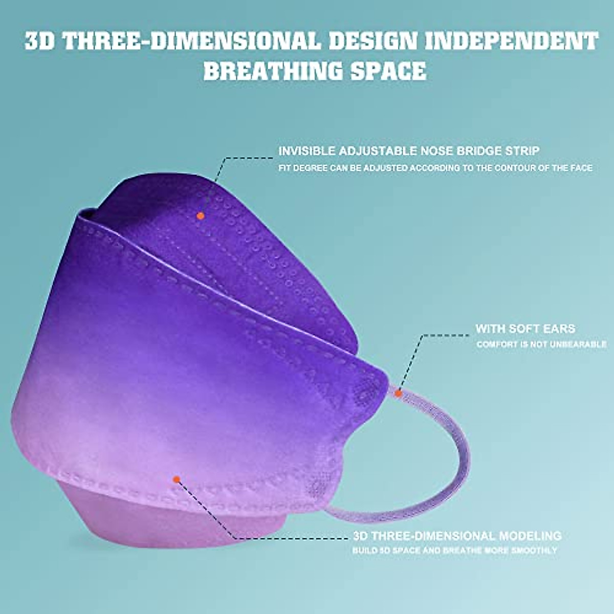 Supsiah 50PCS Individual Packs 3D 4 LAYER disposable face masks, 5-Different Gradient Colors Design, Breathable, Comfortable Protection