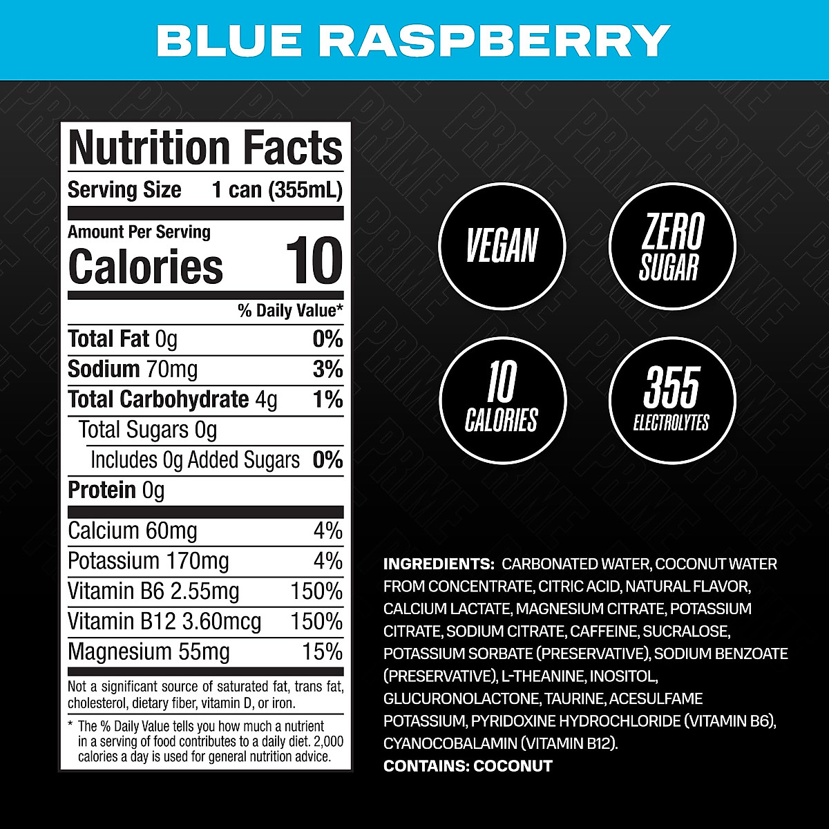 PRIME Energy BLUE RASPBERRY | Zero Sugar Energy Drink | Preworkout Energy | 200mg Caffeine with 355mg of Electrolytes and Coconut Water for Hydration| Vegan | Gluten Free |12 Fluid Ounce | 24 Pack