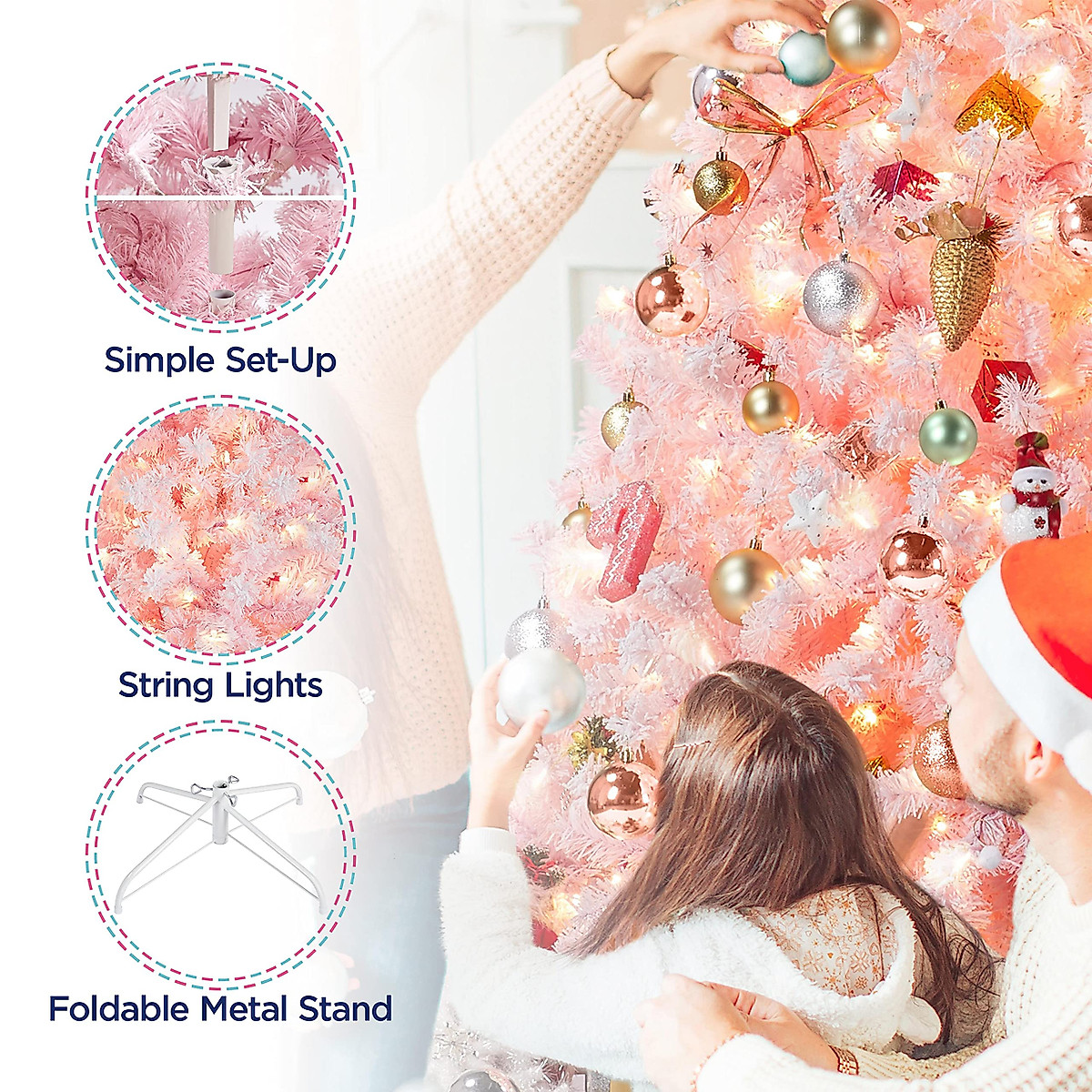 Yaheetech 4.5ft Pre-lit Artificial Christmas Tree with Incandescent Warm White Lights, Snow Flocked Full Prelighted Xmas Tree with 340 Branch Tips, 150 Incandescent Lights & Foldable Stand, Pink