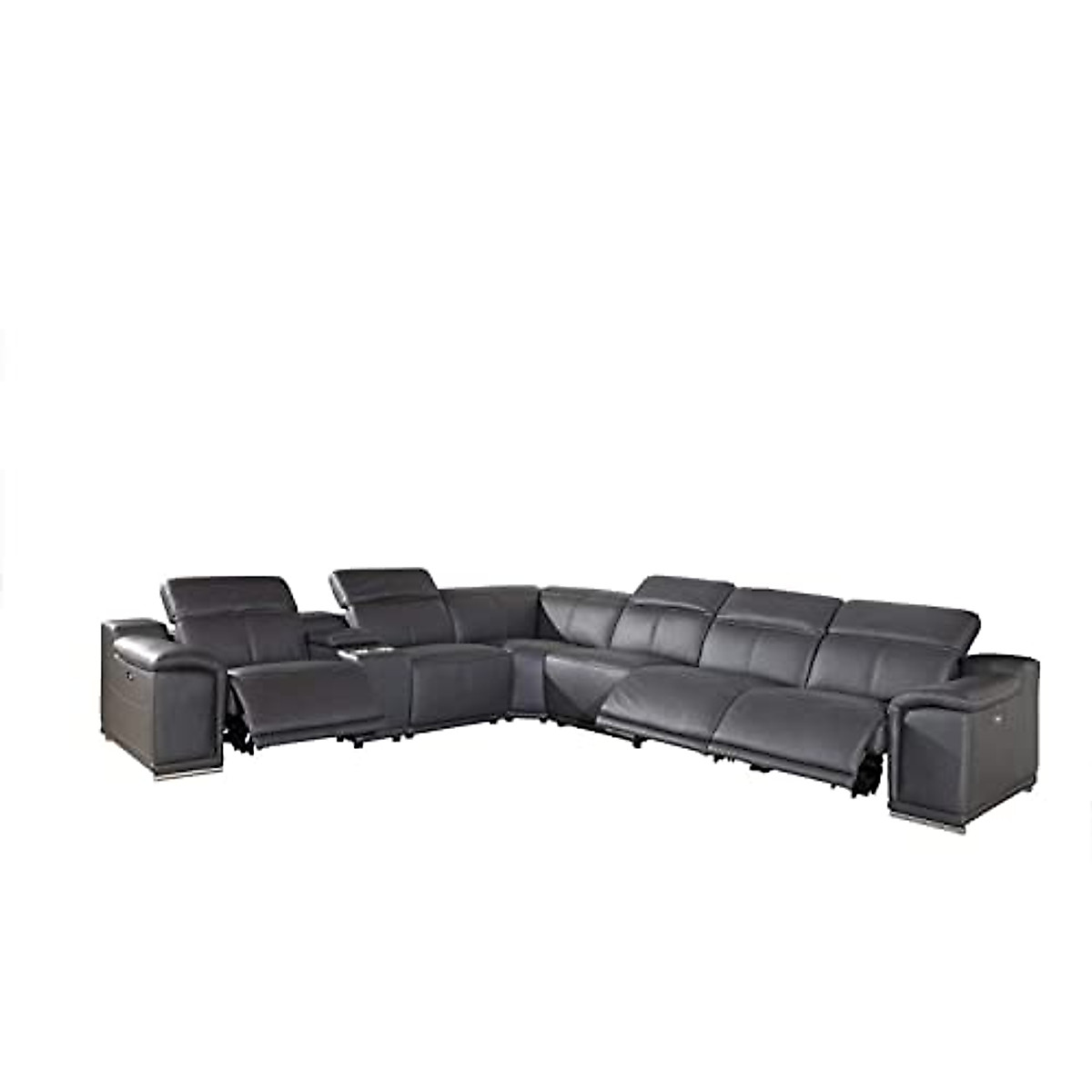 Blackjack Furniture Venice 7 Piece Italian Leather Sectional Sofa with 3-Power Recliners, Adjustable Headrest, Lumbar Support, USB and Wireless Charging Station, Extra Large Storage, 1 Console, Gray