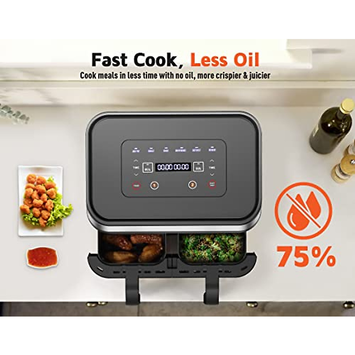 DyBaxa 10Qt 6-in-1 Dual Basket Air Fryer, 2 Independent Air Fry Baskets, ClearCook Windows, Easy-to-Control Panel, Roast Broil Dehydrate&More for Quick & Easy Meals, Nonstick & Dishwasher-Safe Basket