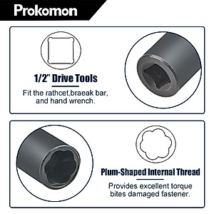 Prokomon Wheel Lock Removal Socket, 6 Pcs Cr-Mo Steel Twist Socket Set, Metric 17-22mm Bolt Lug Nut Extractor Socket with Drift Punch Nut Removal Bar