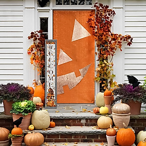 Fall Welcome Porch Sign Autumn Wooden Door Sign 47'' Large Buffalo Plaid Porch Sign for Pumpkin Sign Home Front Door Yard Party Decor