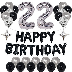 NANINUNENO 22nd Black Silver Birthday Party Decorations for Men Women, Happy 22 Birthday Party Supplies with Black Happy Birthday Banner,22 Number Balloons, Silver Foil Stars, Happy Birthday Balloons