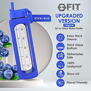 FIT Strong & Healthy 32 oz Glass Water Bottle with Time Marker & Silicone Sleeve - w/Handle & 2 Leakproof Lids Straw & Spout Lid, Wide Mouth, BPA Free 1 Liter Motivational Drinking Bottle, Royal Blue