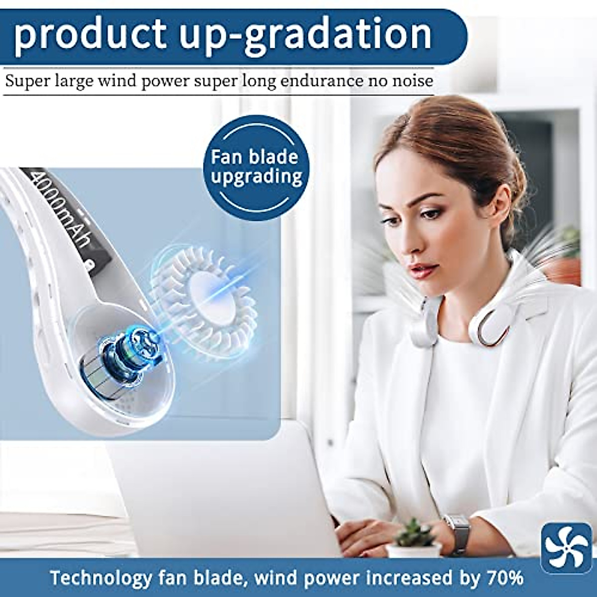 ASNUG Portable Neck Fan, Bladeless Neck Fan, USB Rechargeable Personal Fan, 4000 mAh Battery Operated Neck Fan, 3 Speeds Adjustable,Faster Cooling, Ultra Quiet, Suitable for Home, Office, Sports