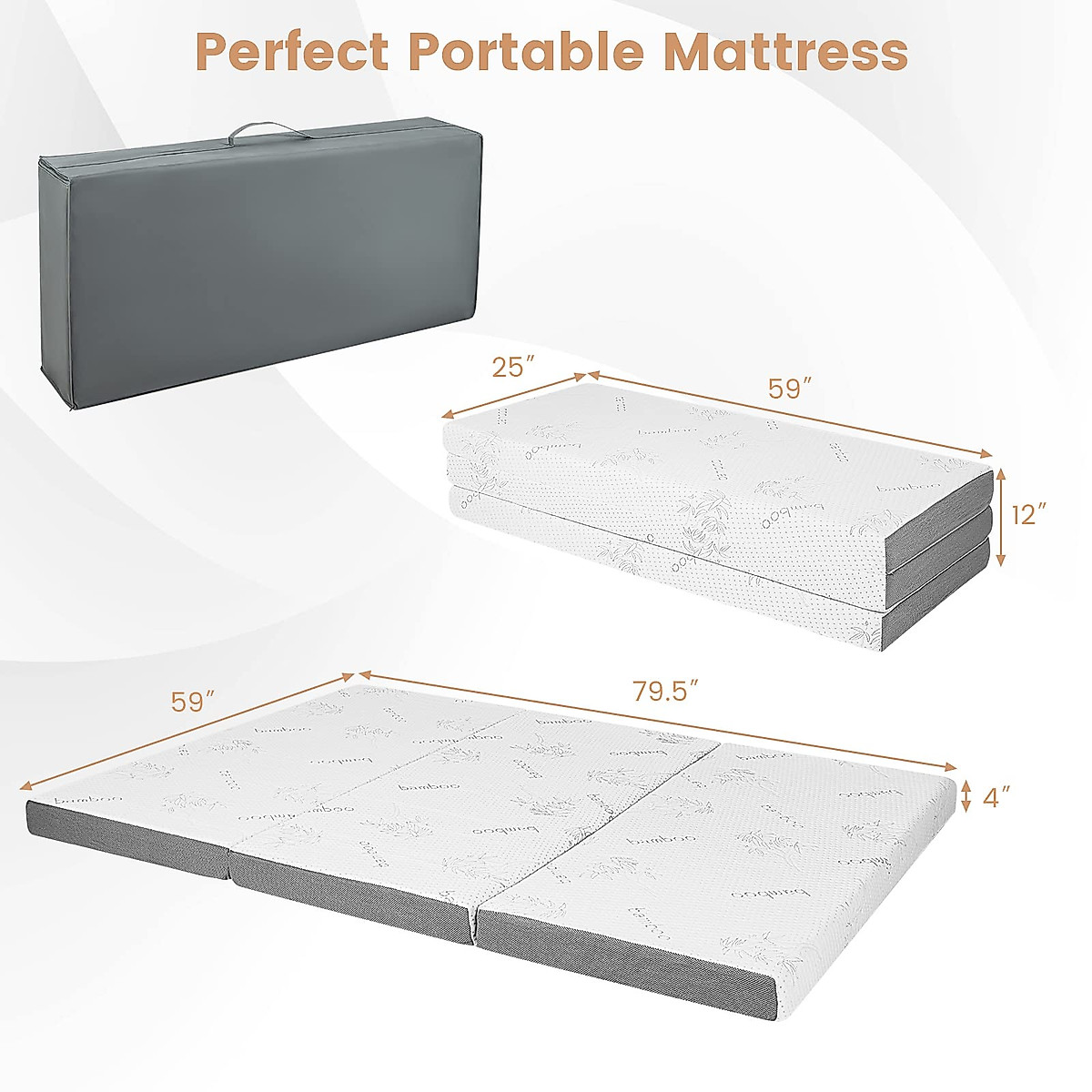 Giantex Folding Mattress, 4 Inch Gel-Infused Tri-fold Mattress with Bamboo Cover & Carry Bag, CertiPUR-US Certified, Foldable Cooling Mattress Topper for Guest Room Dorm RV Camp Floor, Queen