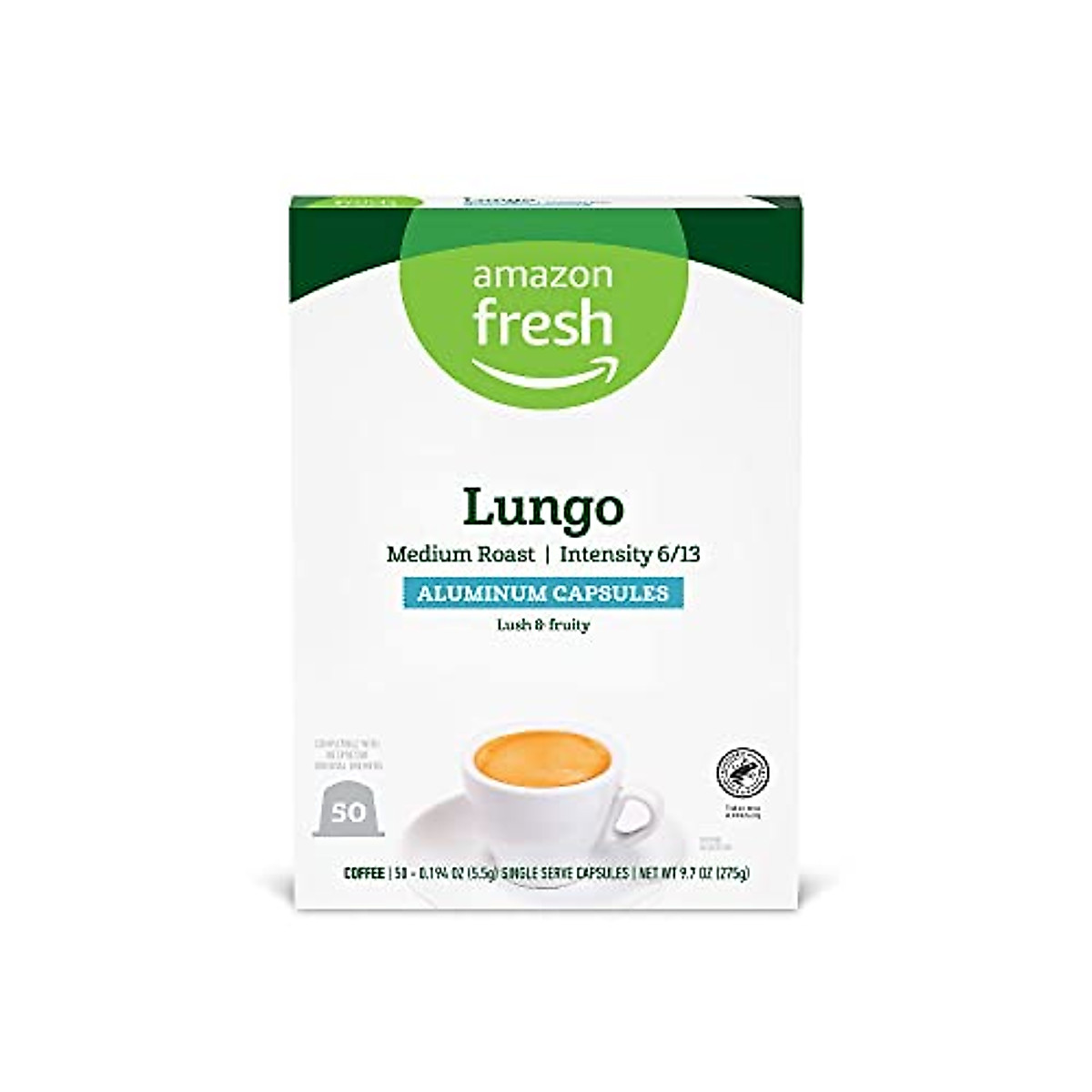 Amazon Fresh Lungo Medium Roast Aluminum Capsules, Compatible with Nespresso Original Brewers, Intensity 6/13, 50 Count (5 Packs of 10)