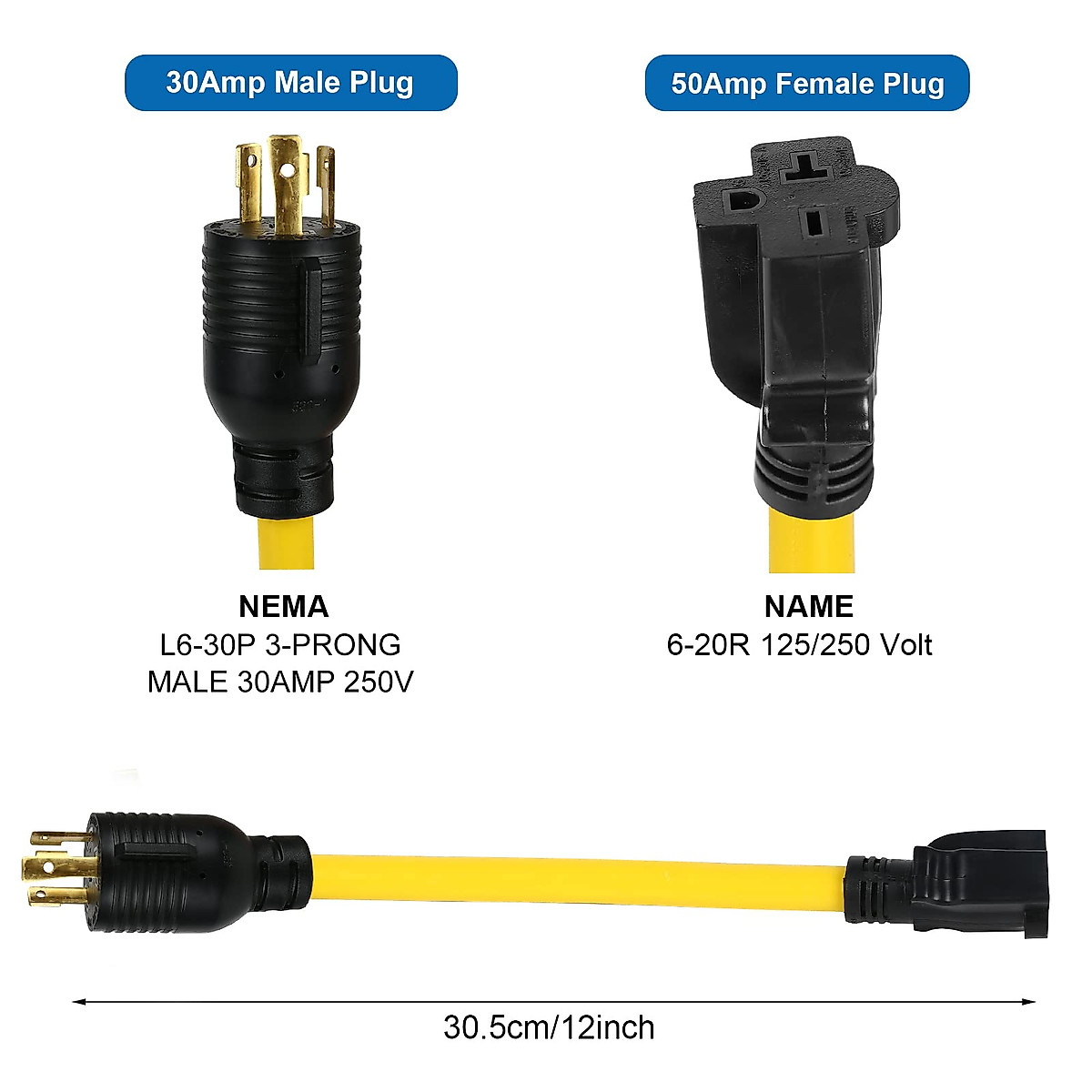 HDWS 1FT NEMA L6-30P to 6-20R/6-15R T-Blade Adapter, 30Amp Twist Locking Male Plug to 3 Prong Receptacle Generator Dryer EV Charger Power Cord