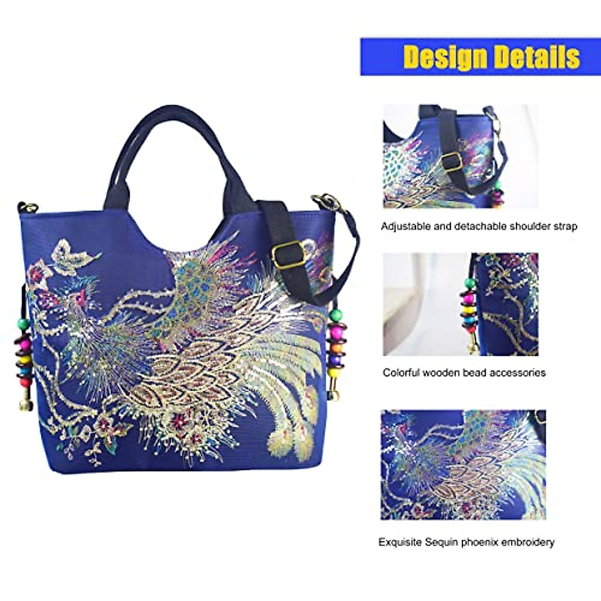 Vintage Shoulder HandBags for Women,Tote Handbags,Ladies Travel Hobo Handbag With Sparkly Sequins Phoenix Embroidered (Blue)