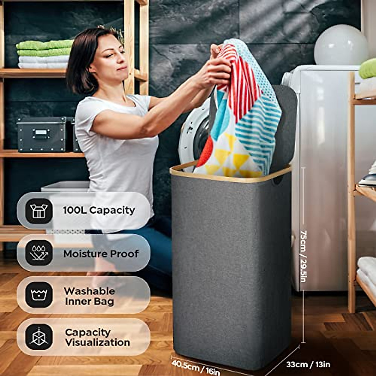 CestMall 100L Laundry Basket with Lid and 2 Removable Liners, Collapsible Large Laundry Hamper Clothes Hamper for Laundry with 2 Handles for Bathroom, Bedroom, College Dorm, Grey
