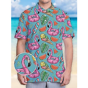 Rhodias Flamingo Shirt Flamingo Golf Shirt Floral Golf Shirts for Men Hawaiian Golf Blue Shirt Pink Ice Cream Watermelon