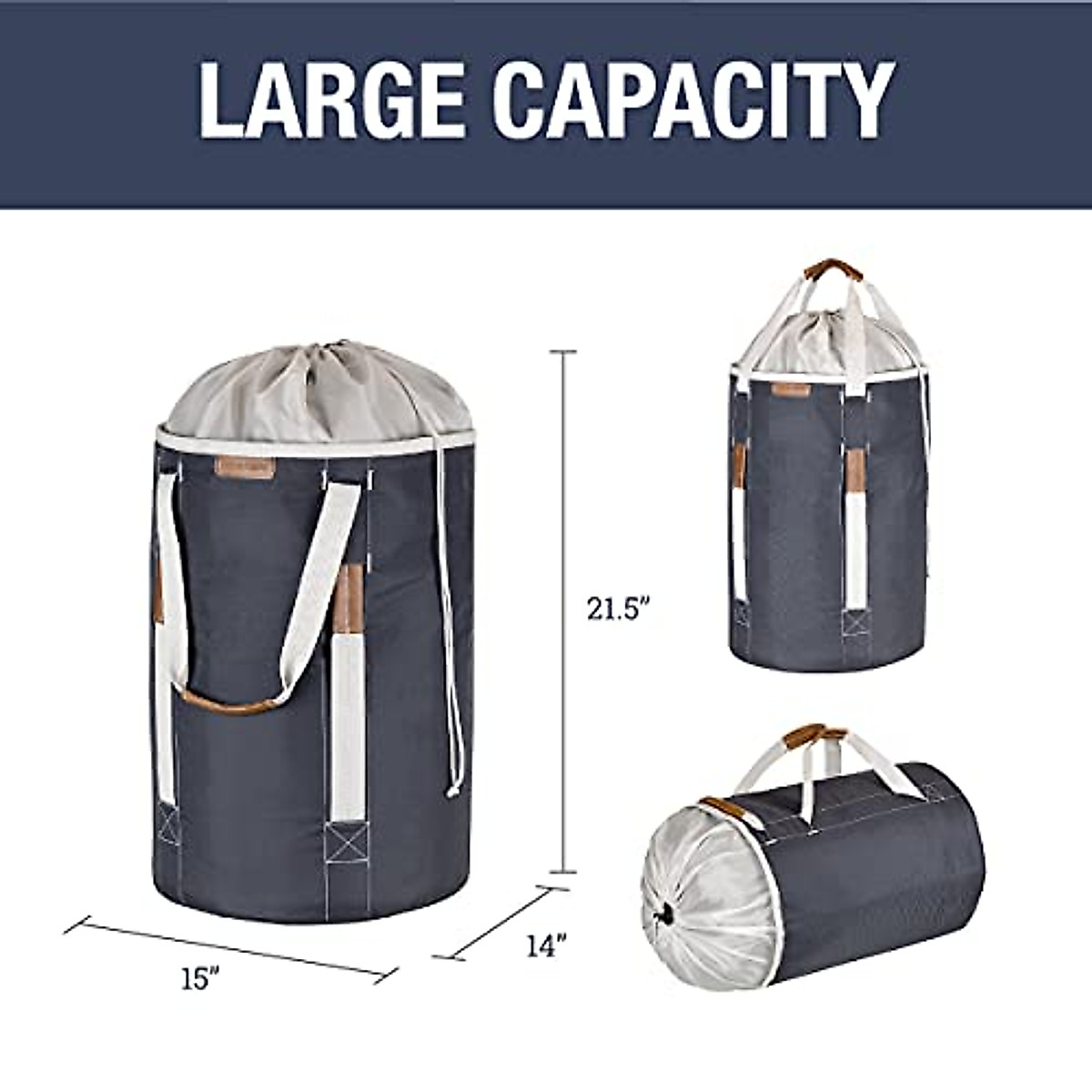 CleverMade Laundry Backpack Duffel Bag Tote with Shoulder Straps - Extra Large Capacity Clothes Hamper with Drawstring Top Closure Lid, Charcoal