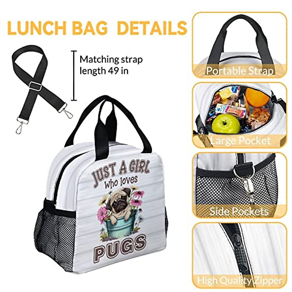 COOPASIA Cute Pug Backpack with Lunch Box and Pencil Case, 16 Inch Dog Theme Bookbag with Adjustable Straps, Durable, Lightweight, Large Capacity, School Backpack for Kids Girls Boys