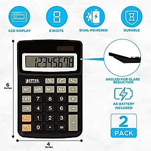 Desktop Calculators, Handheld Angled 8-Digit LCD Display, 2 Pack, by Better Office Products, Standard Function, Black, Dual Power with Included Button Battery, 2 Pack