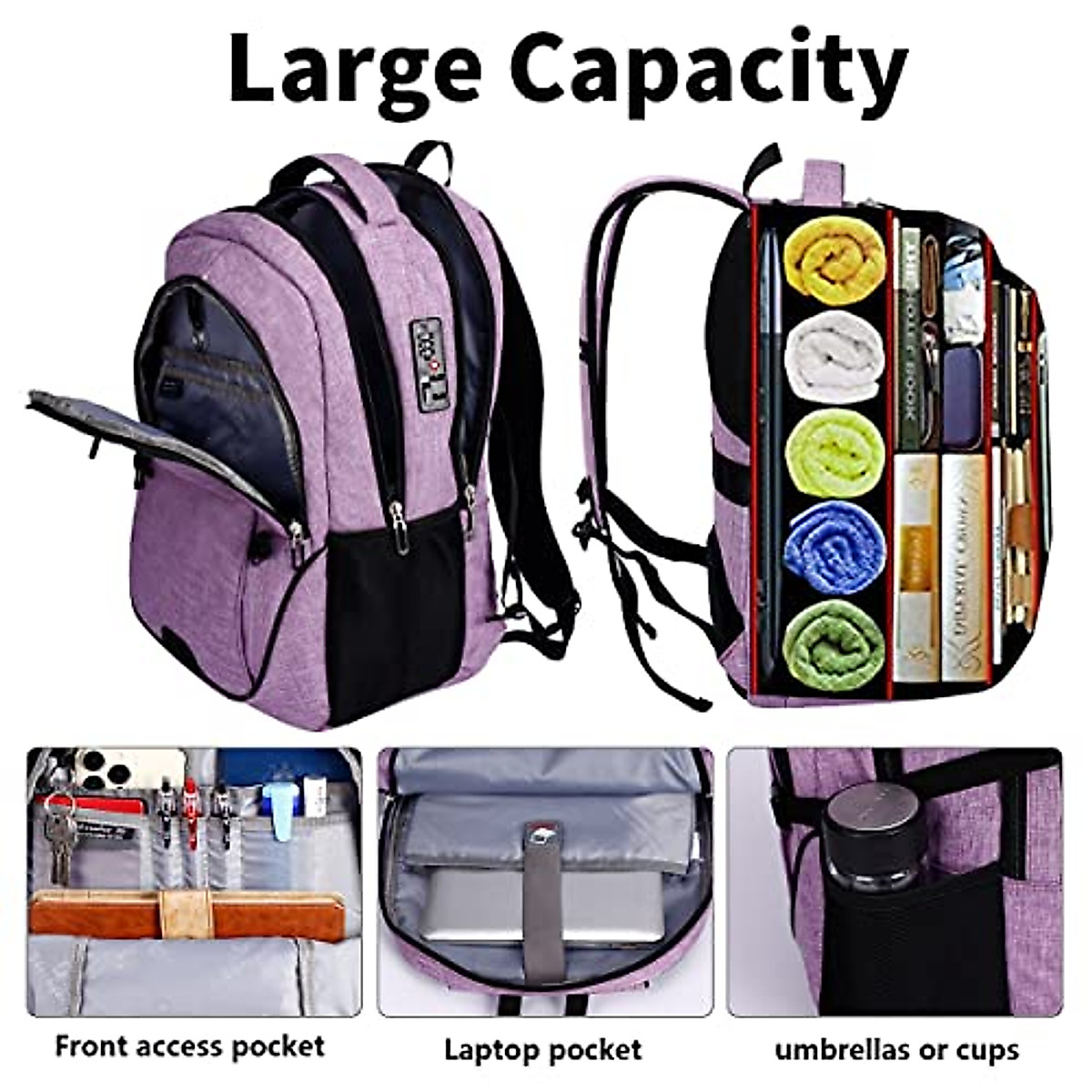 SHRRADOO Anti Theft Laptop Backpack Travel Backpacks with usb Charging Port for Women Men College Backpack Computer Bag Fits 17 Inch Laptop,Purple