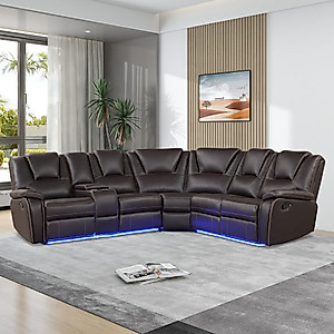 Lifeand Modern Faux Leather Manual Reclining with Center Console and Light Strip,PU Symmetrical Couch with 2 Cup Holders and Storage for Living Room,Brown