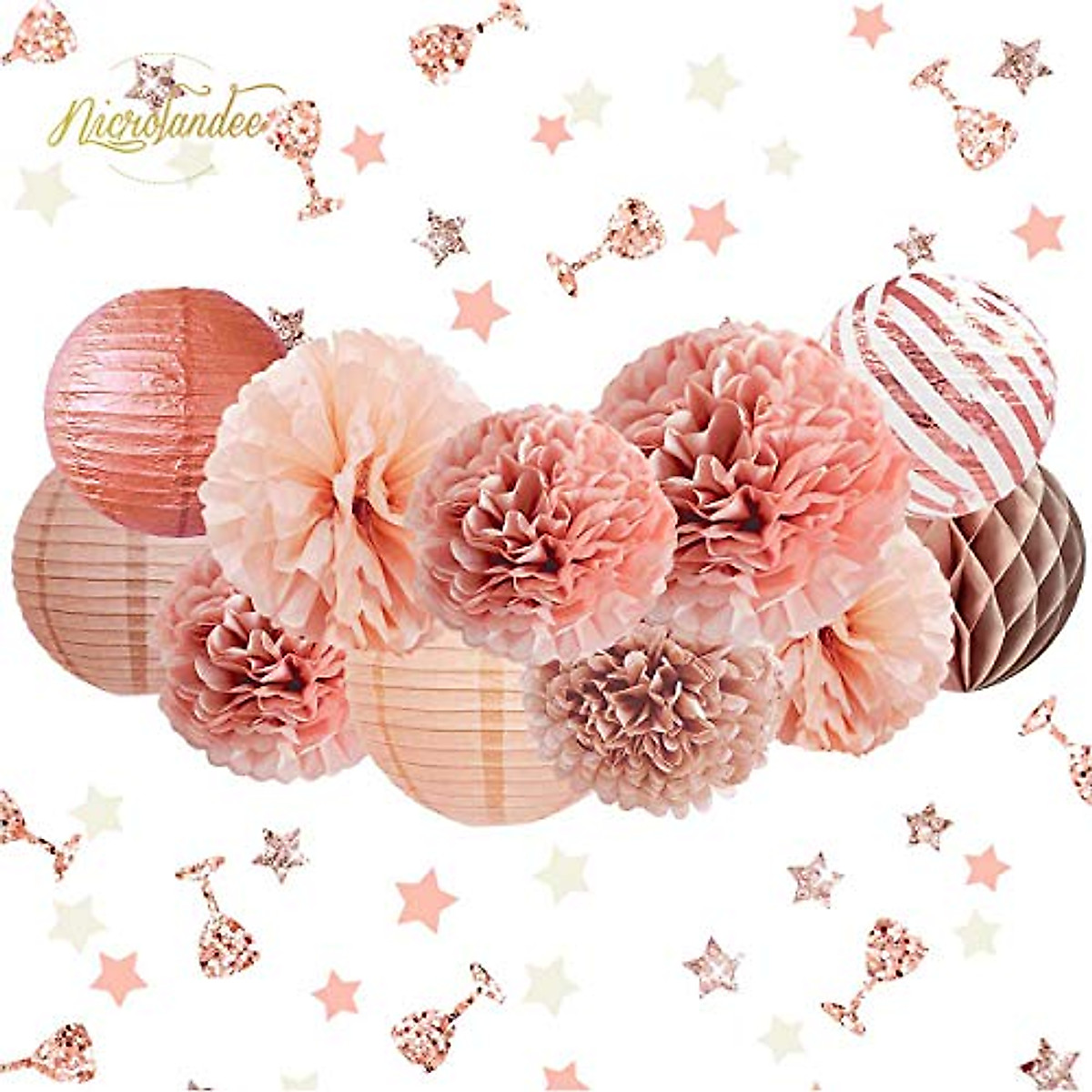 NICROLANDEE Rose Gold Party Decorations -12PCS Elegant Party Supplies Tissue Pom Poms Paper Lantern Glitter Confetti 30G for Wedding Bridal Shower Baby Shower Birthday Bachelorette Party Decorations