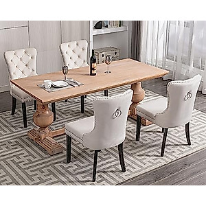 KCC Velvet Dining Chairs Set of 4 (Renewed), Upholstered High-end Tufted Dining Room Chair with Nailhead Back Ring Pull Trim Solid Wood Legs, Nikki Collection Modern Style for Kitchen, Beige