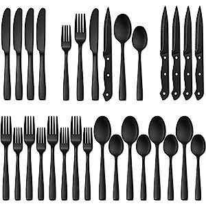 Hiware 24 Pieces Matte Black Silverware Set with Steak Knives for 4, Stainless Steel Flatware Utensils Set, Hand Wash Recommended
