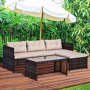 Outsunny 3 Piece Patio Furniture Set, Rattan Outdoor Sofa Set with Chaise Lounge & Loveseat, Soft Cushions, Tempered Glass Table, L-Shaped Sectional Couch, Beige
