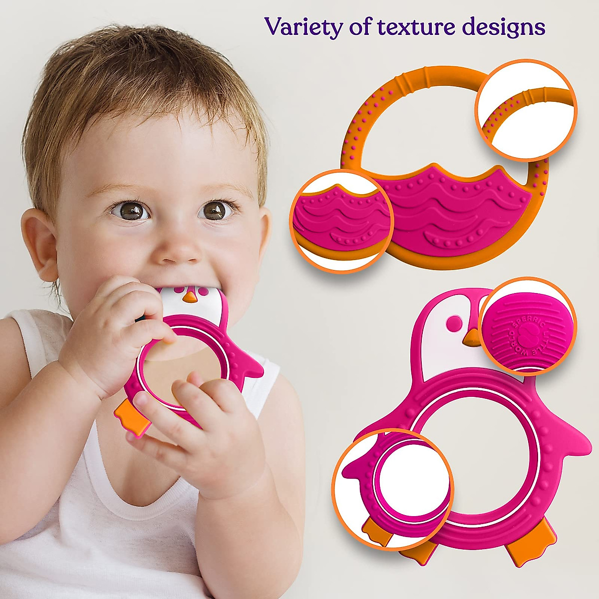 Baby Teething Toys for Newborn, Infants 0-6 Months Silicone Teethers for Babies 6-12 Months BPA Free (Penguin - Pink & Orange)