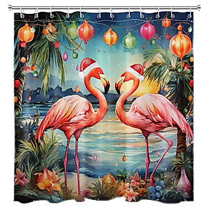 WEENEO Christmas Flamingo Shower Curtain Tropical Palm Tree with Colorful Lights on The Beach and Nature Landscape Shower Curtain for Bathroom Winter Holiday Bath Curtain with 12pcs Hooks,72x72 Inch