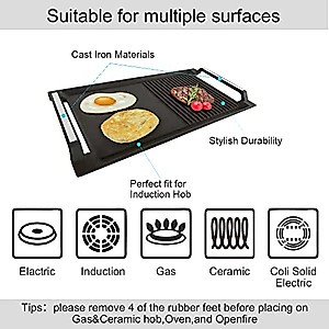 COVERCOOK Griddle Pan, Cast Iron Grill Hot Plate, Rectangular Grill, 2 handles with Flat and Ridged Surface for Induction Electric Cooktop，16.7 x 9.1inch