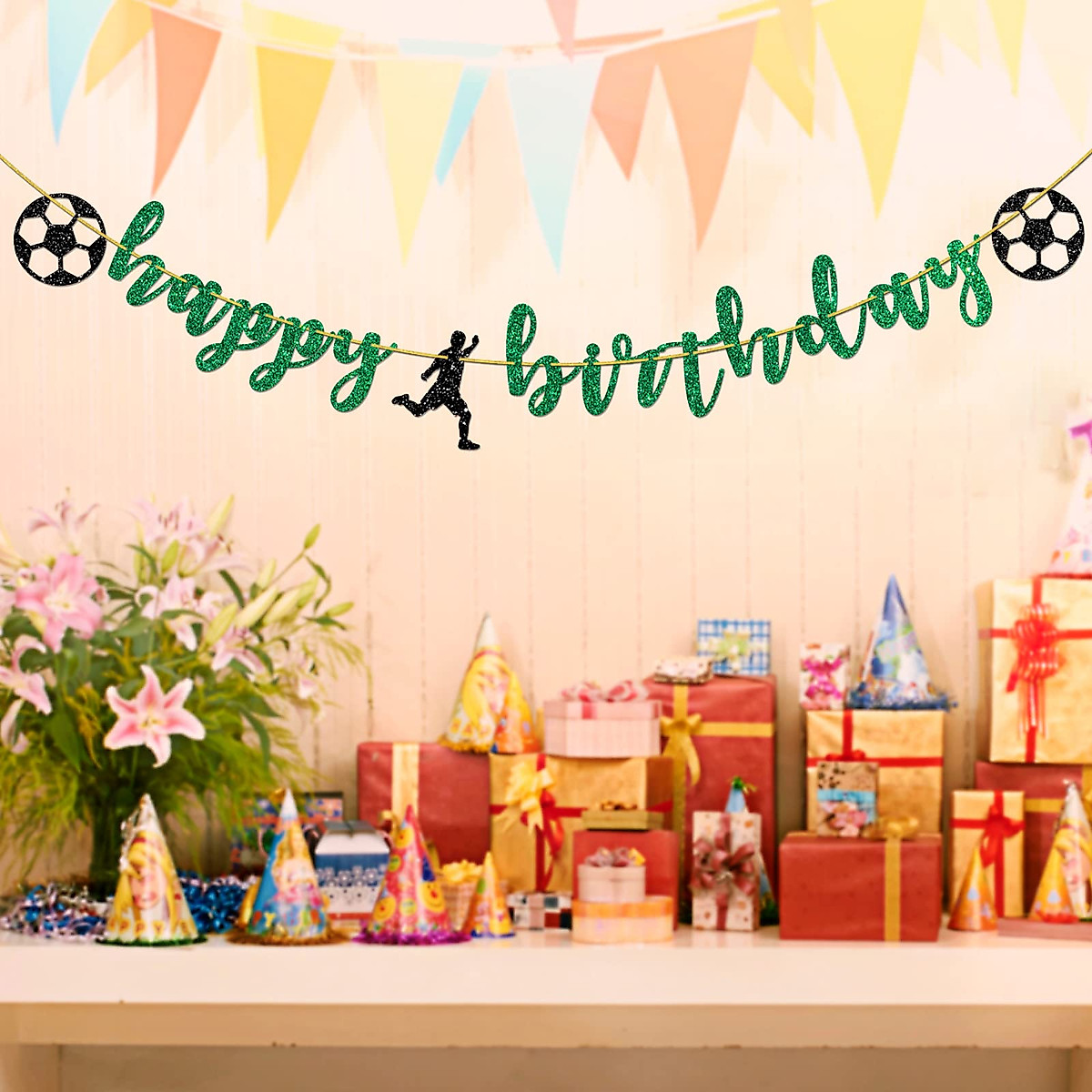 Felezon Soccer Happy Birthday Banner - Sports Theme Birthday Bunting Banner for Kids Boys Men Birthday Party Decoration - Soccer Birthday Party Supplies Photo Booth Props
