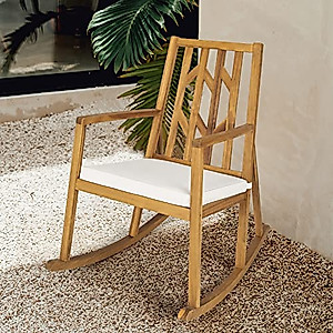 Tangkula Acacia Wood Patio Rocking Chair, Outdoor Porch Rocker W/Removable High-Density Cushion, All-Weather Resistance, Balanced Rocking Base, Perfect for Garden, Backyard, Poolside (1, White)