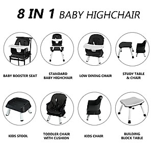 Kinder King 8 in 1 Baby High Chair, Coverts to Dining Booster Seat/Kids Table & Chair Set/Toddler Building Block Table/Kids Stool, Removable Tray & Double Seat Cover, Easy to Wipe, Grey
