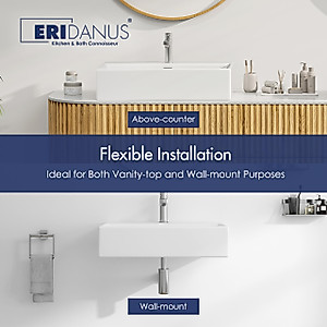 24" x 16" Bathroom Sink Vessel Rectangle, Eridanus Hang Wall Mount Sinks Countertop Vanity Floating Trough Washbasin, Ceramic Porcelain Modern White Art Basin Bowl with Overflow