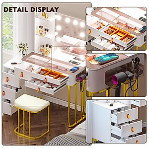 Gurexl Vanity Desk with Wireless Charging Station, Dressing Table with Lighted Mirror & 3 Lighting Modes Adjustable Brightness, Glass Top Makeup Vanity Table Set with 6 Drawers & Stool