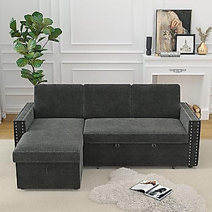 FANYE 85" W L-Shaped Reversible Sleeper Sectional Sofa Chenille Button Tufted Upholstered Corner Convertible Sofabed W/Pull Out Couch Bed and Storage Chaise, Nailhead Decor for Living Room