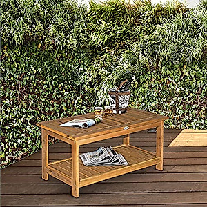 Outsunny Outdoor Coffee Table 2-Shelf Acacia Wood Rectangular Buffet Storage Organizer Natural Finish Teak Patio, Deck, Lawn, Garden 35.5"x17.75"x17"