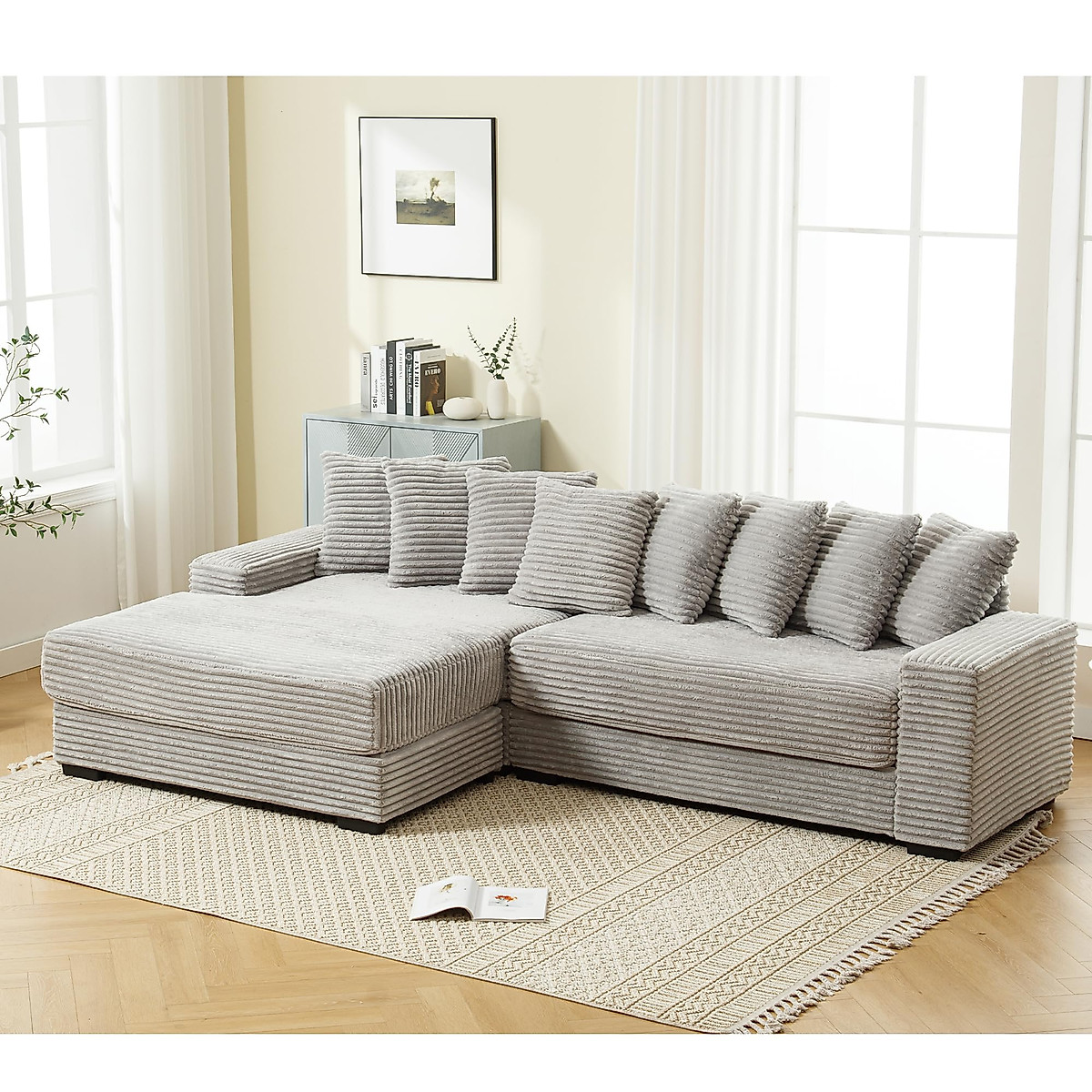 WILLIAMSPACE 111" Sectional Sofa Couch for Living Room, Modern Upholstered L-Shape Sofa 3 Seater Couch with Chaise & Pillows, Contemporary Corner Sofa for Apartment, Corduroy (Left-Facing,Gray)