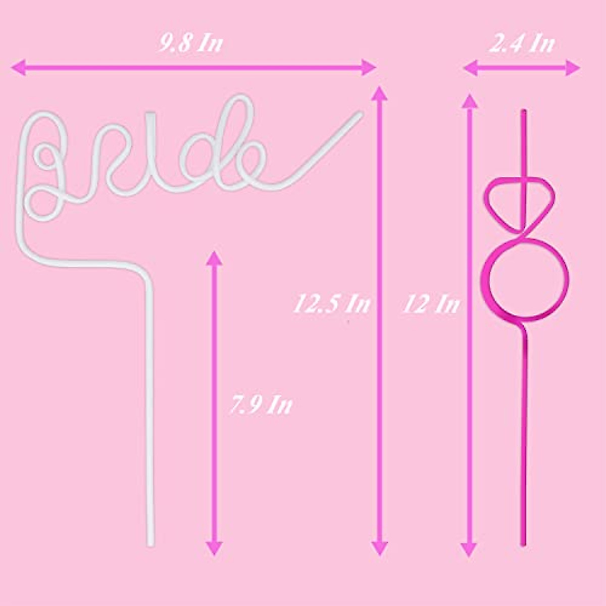 Fibye 12 Pcs Reusable Bachelorette Party Decorations Straws Set: 1 White Large Bride Straw & 11 Pink Diamond Ring Straws; Bridal Shower Engagement Wedding Party Supplies; Bride Gifts, 12.6''
